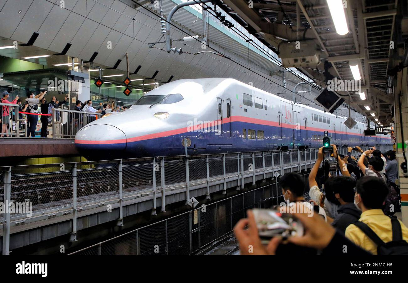 Japanese Shinkansen high speed train (bullet train) E4 series runs in Tokyo on October 1, 2021 ...