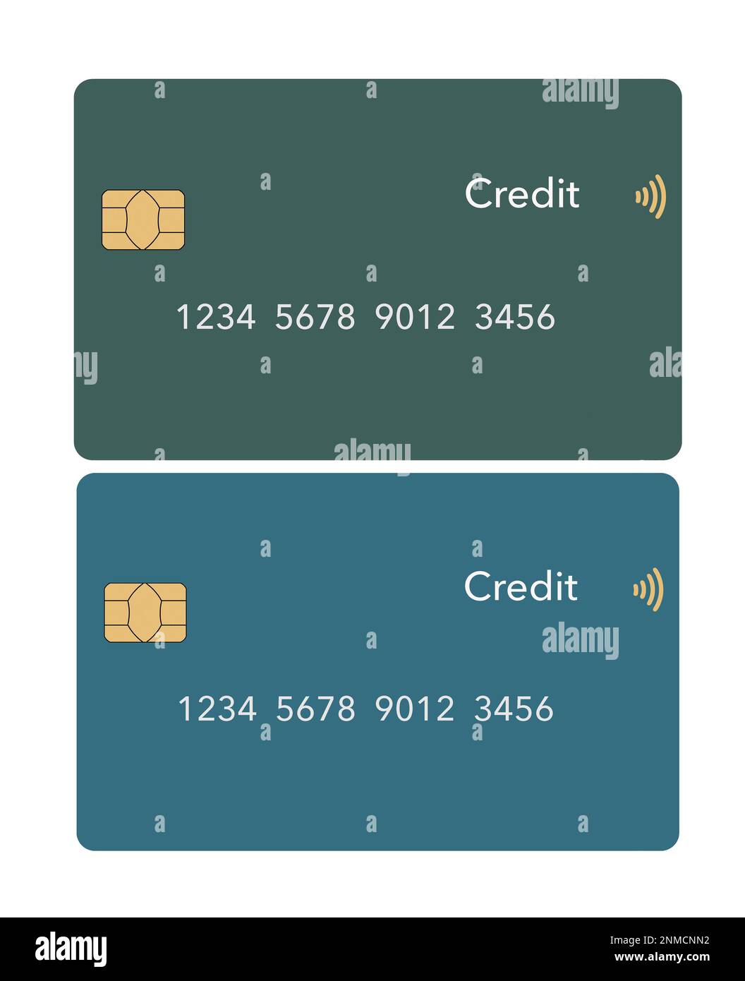 Two generic credit cards or debit cards are seen isolated on a ...