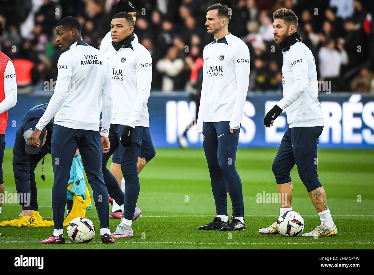 Nuno MENDES of PSG, Kylian MBAPPE of PSG, Fabian RUIZ of PSG and Sergio RAMOS of PSG during the ...