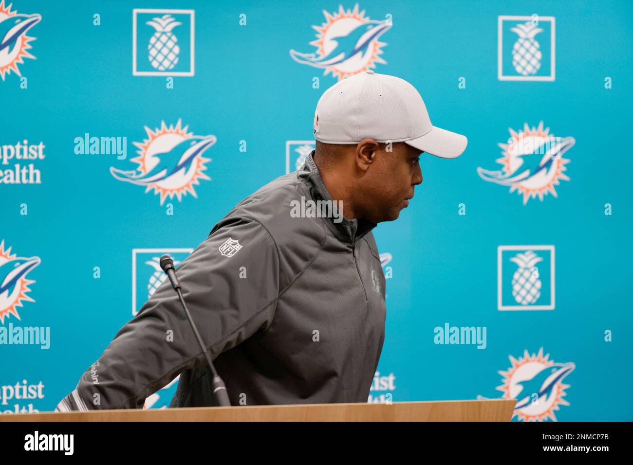 Miami Dolphins general manager Chris Grier leaves the podium after ...