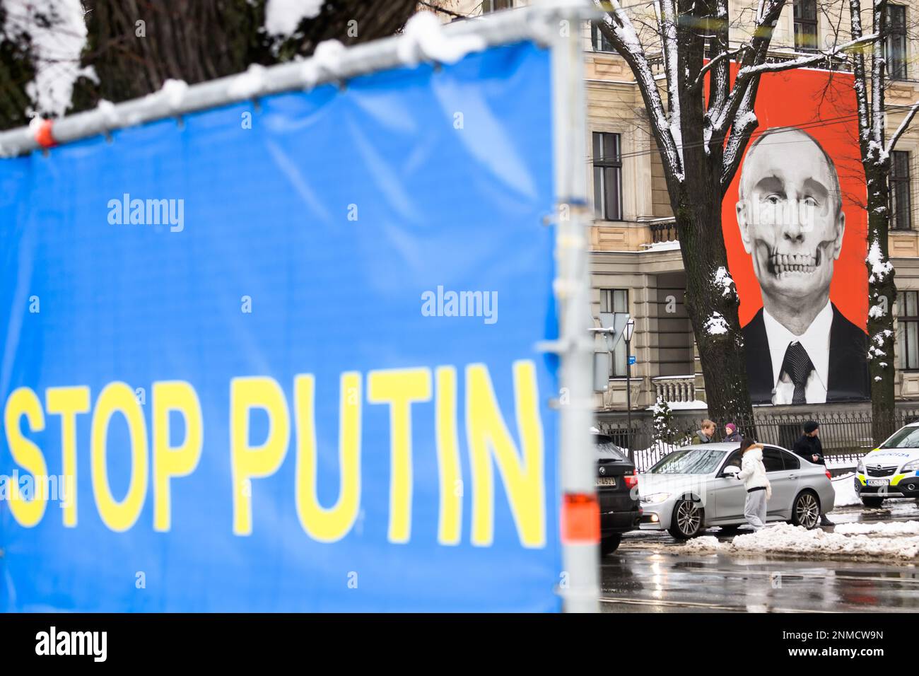 RIGA, LATVIA. 24th February 2023. Stop Putin slogan and Putin's skull ...