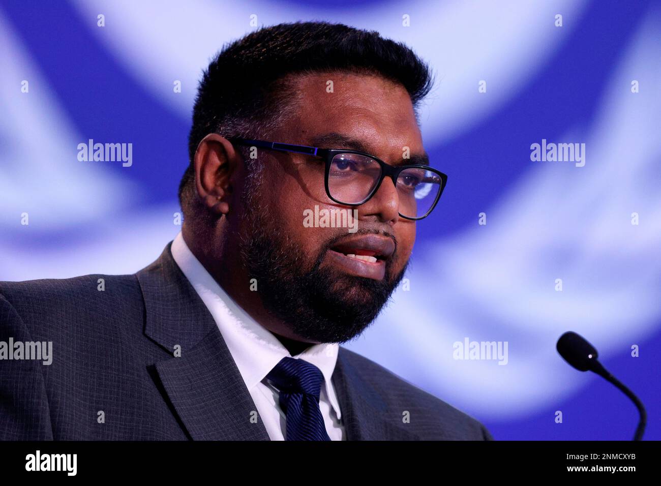 Guyana's President Mohamed Irfaan Ali delivers his message during the ...