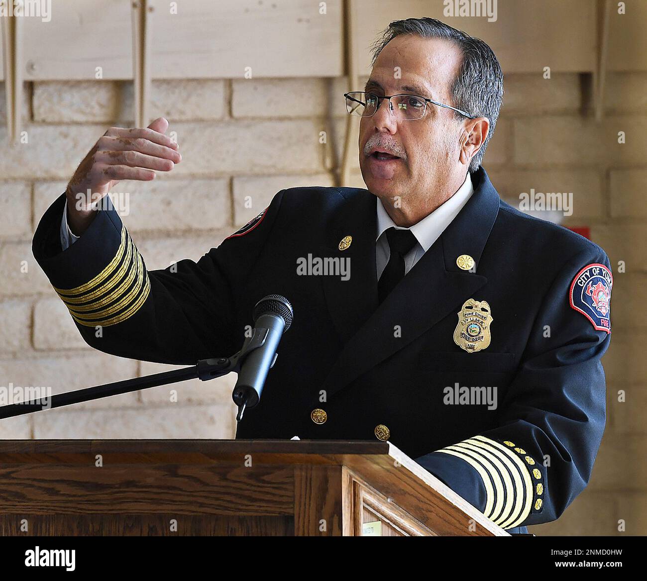Yuma Fire Department Chief Steve Irr speaks to those gathered for the ...