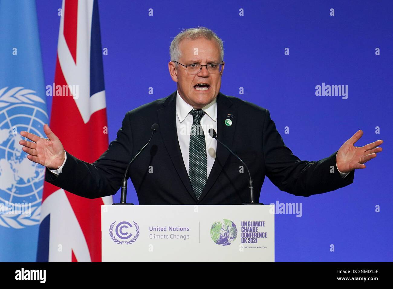 Scott Morrison, Prime Minister of Australia delivers an address, during the COP26 Summit, at the ...