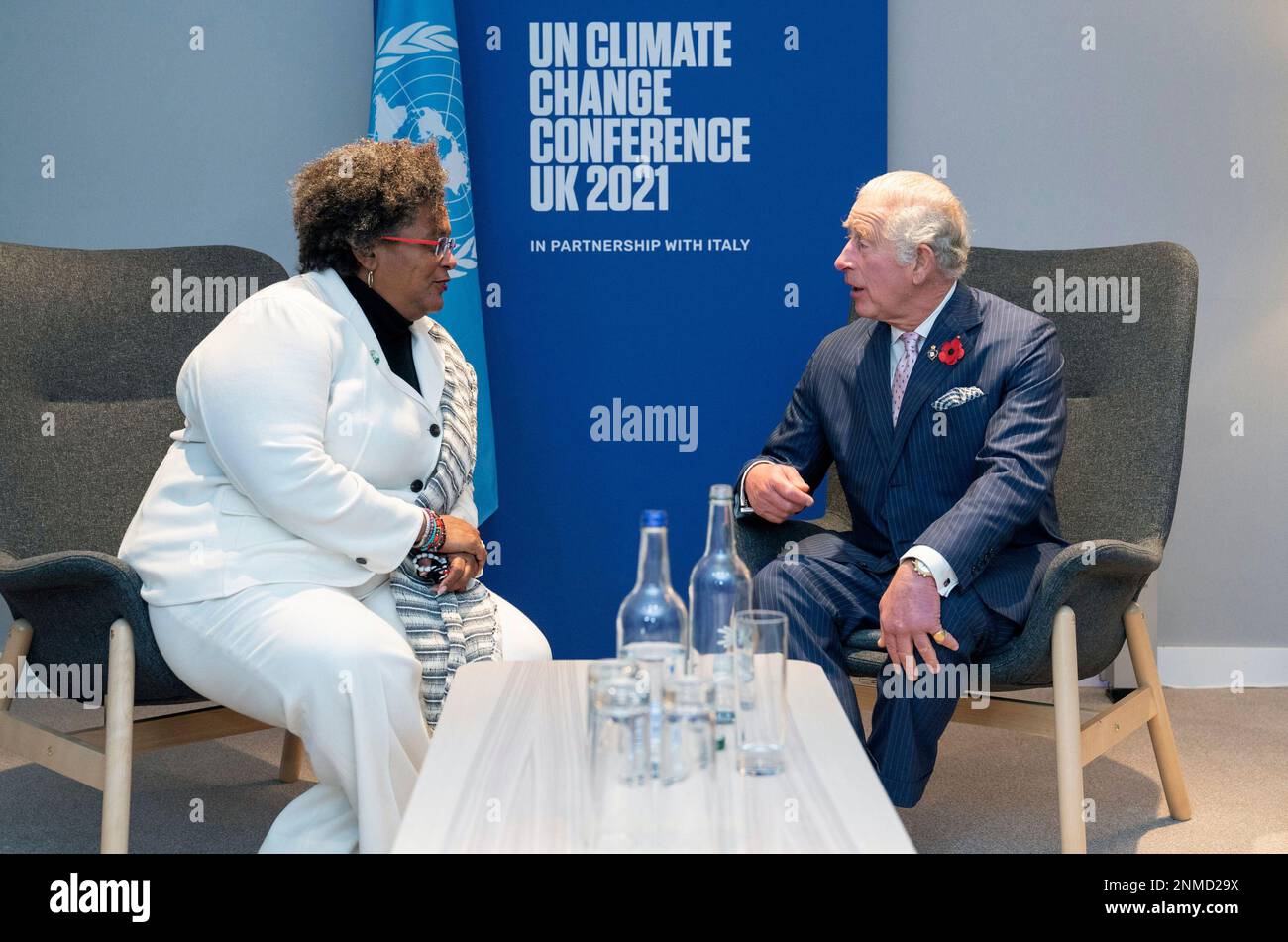 Britain's Prince Charles, right, speaks to Barbados' Prime Minister Mia Amor Mottley, during the ...