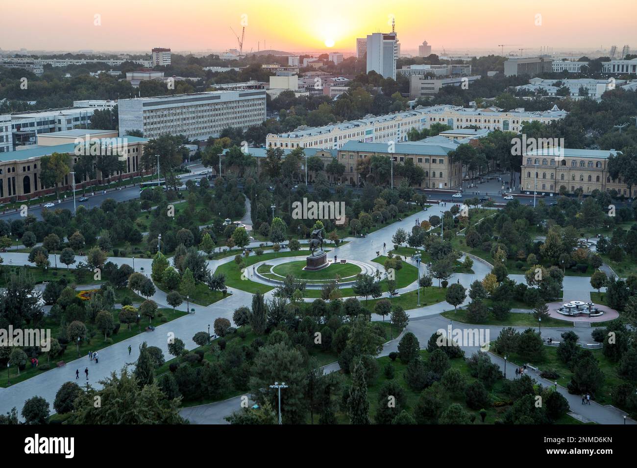 Skyline and Amir Timur square with Amir Timur statue, Tashkent ...