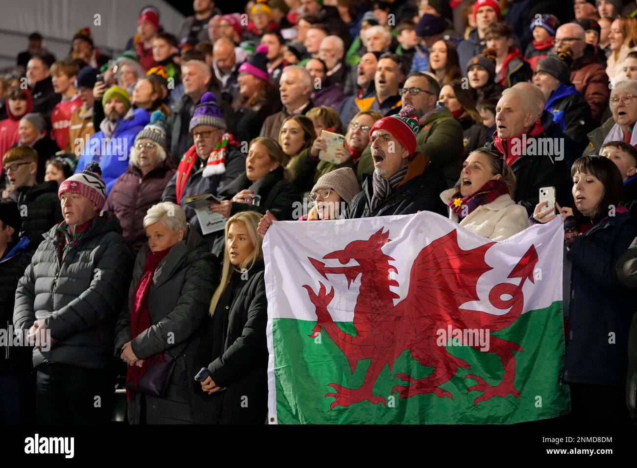Wales fans sing the national anthem before the 2023 U20 Six Nations ...