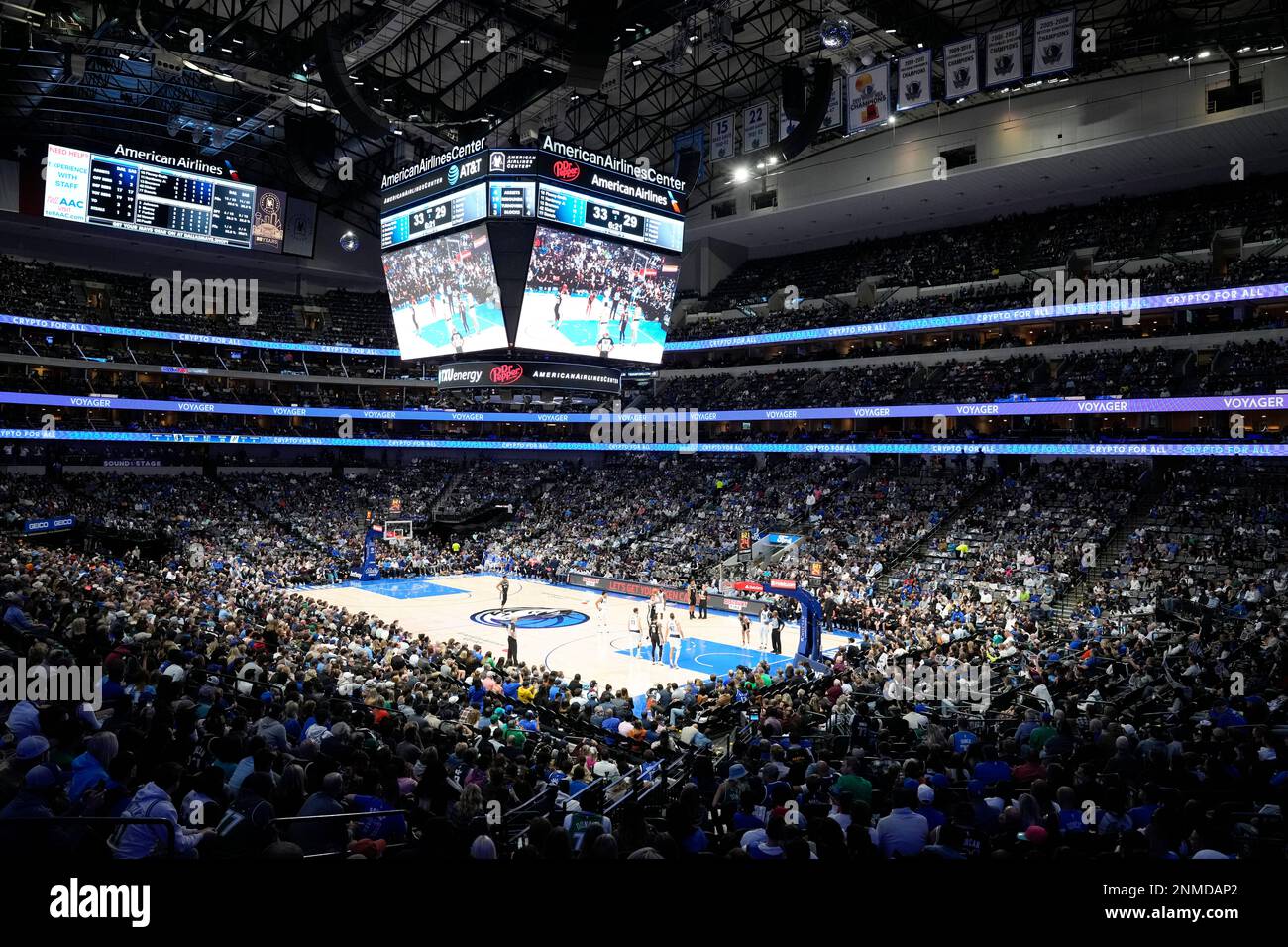 NBA action is shown in a general stadium view of American Airlines ...