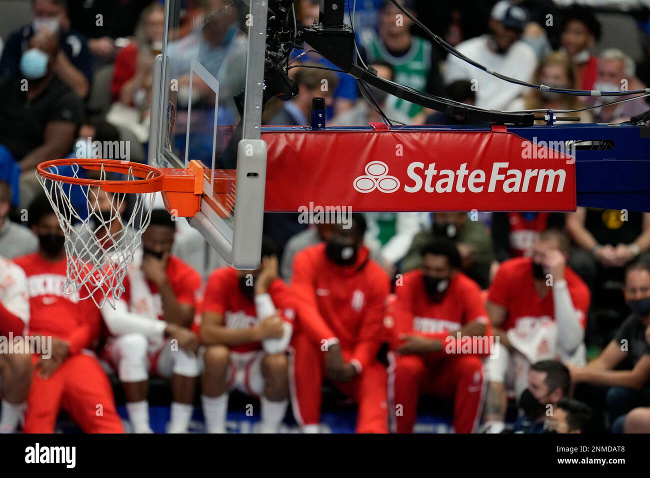 The basket and backboard is shown with the State Farm logo during an ...