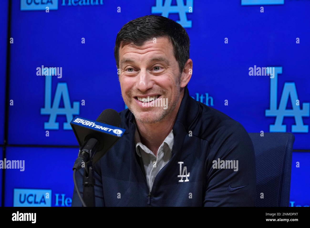 Los Angeles Dodgers president of baseball operations Andrew Friedman speaks at a press ...