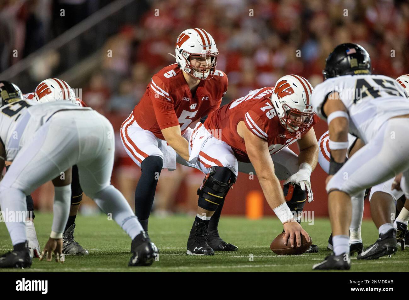 Wisconsin Badgers quarterback Graham Mertz (5) lines up under center ...