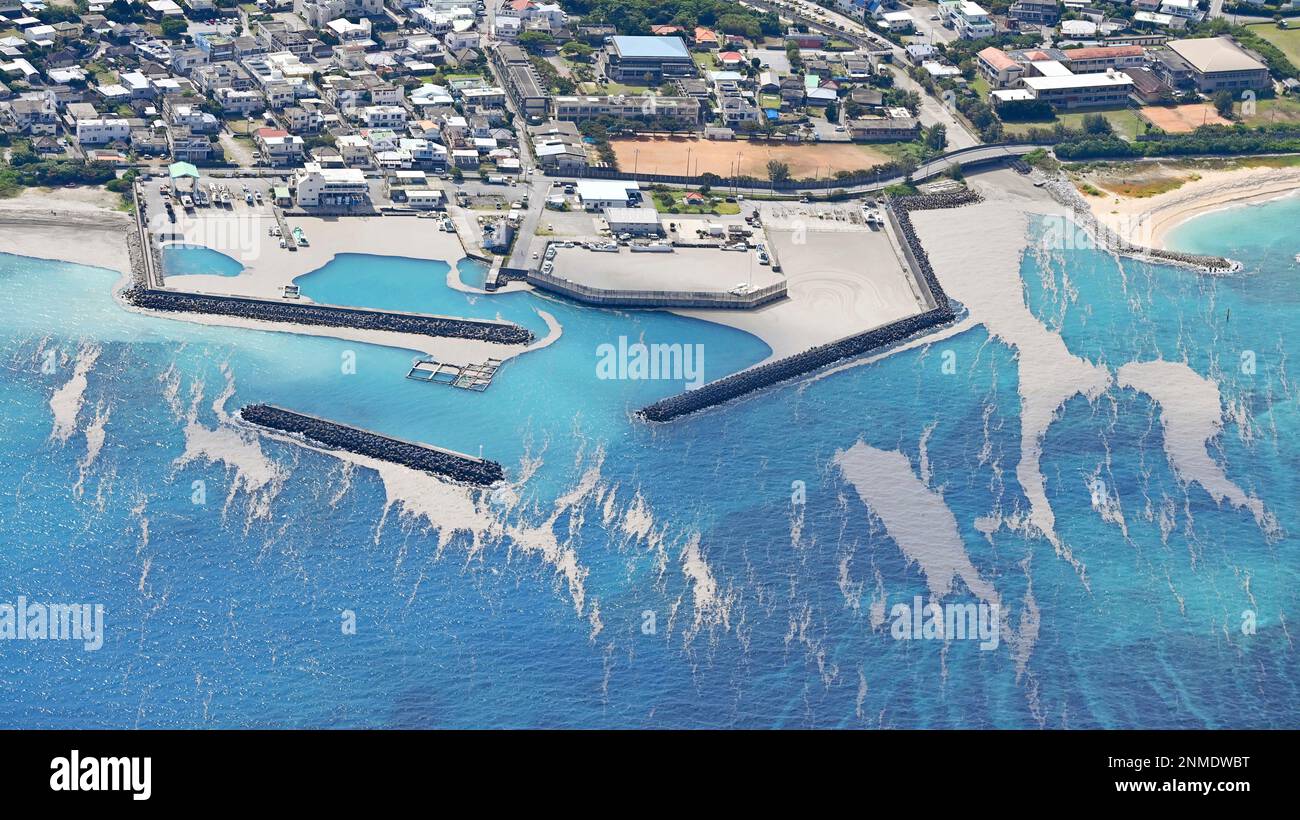 An aerial photo shows Hentona port covered with volcanic foam in ...