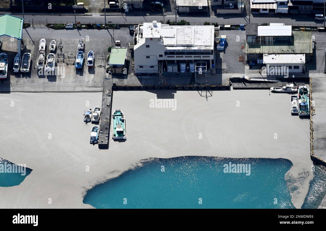 An aerial photo shows Hentona port covered with volcanic foam in ...