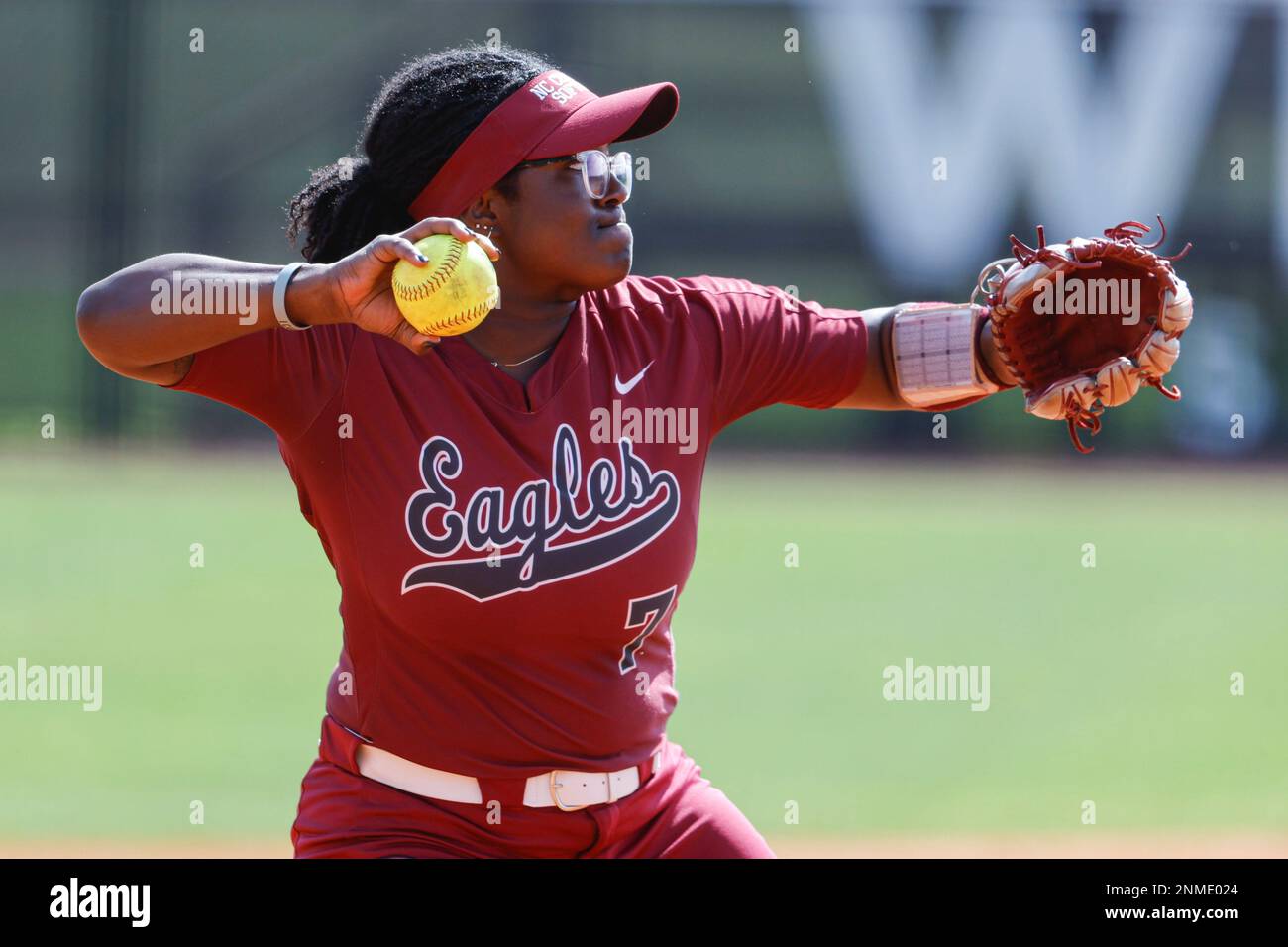 North Carolina Central third baseman Maegan Garrison throws out a Long ...