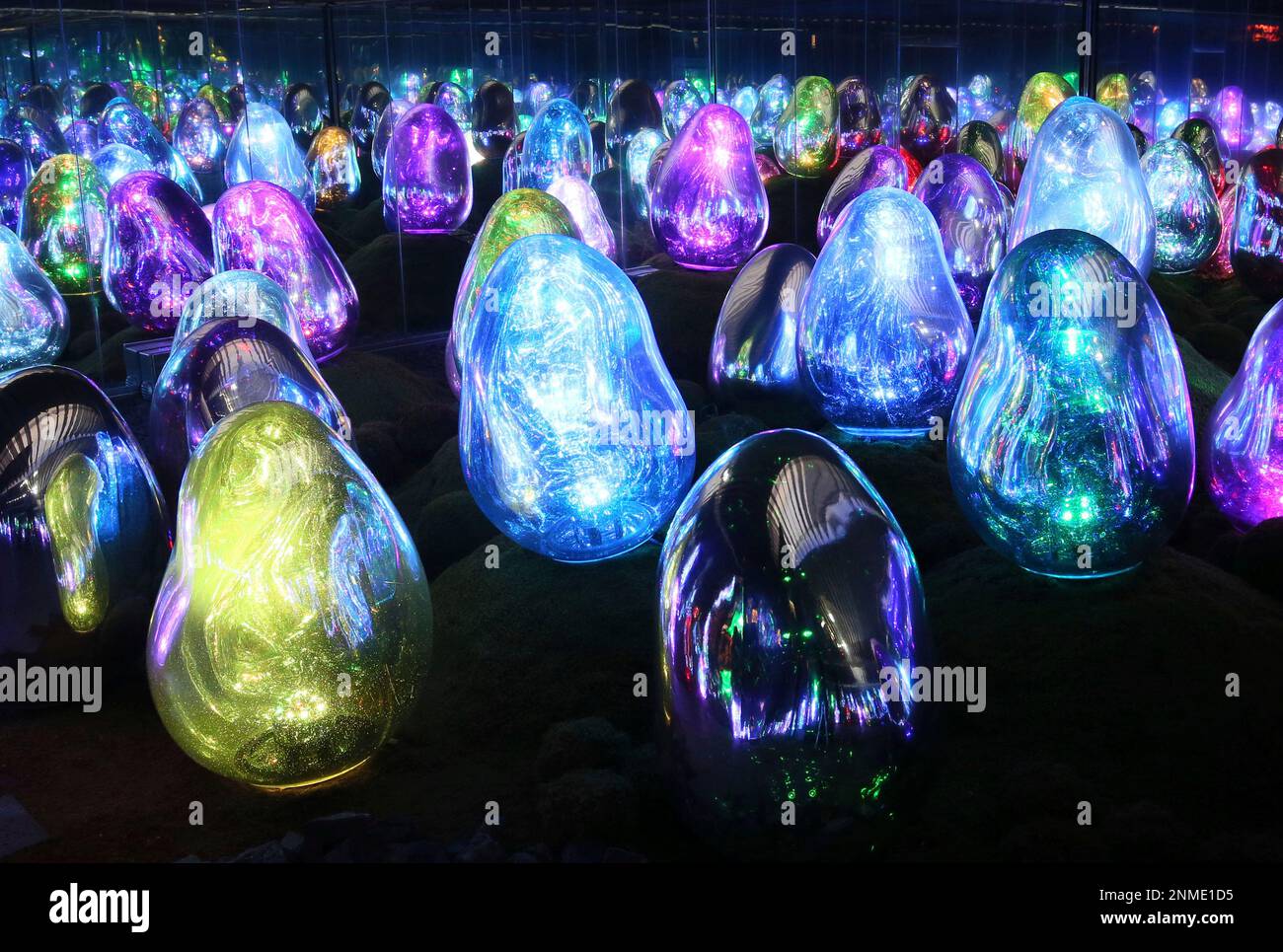 Toshiyuki Inoko poses for a photo amid an art work Floating Flower ...