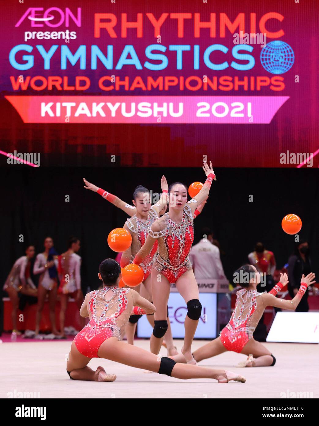 Members of Japanese representative team "Fairy Japan" practice at the venue before the Rhythmic ...