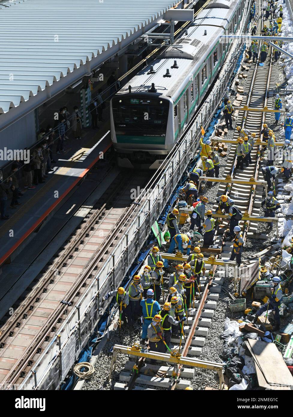 Workers conduct a construction at Shibuya Station of Yamanote Line in ...
