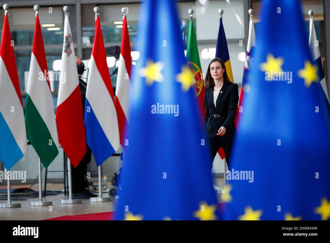 Finland's Prime Minister Sanna Marin arrives for an EU summit in ...