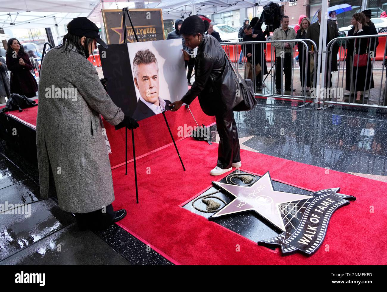 A portrait of the late actor Ray Liotta is set up before a posthumous ...