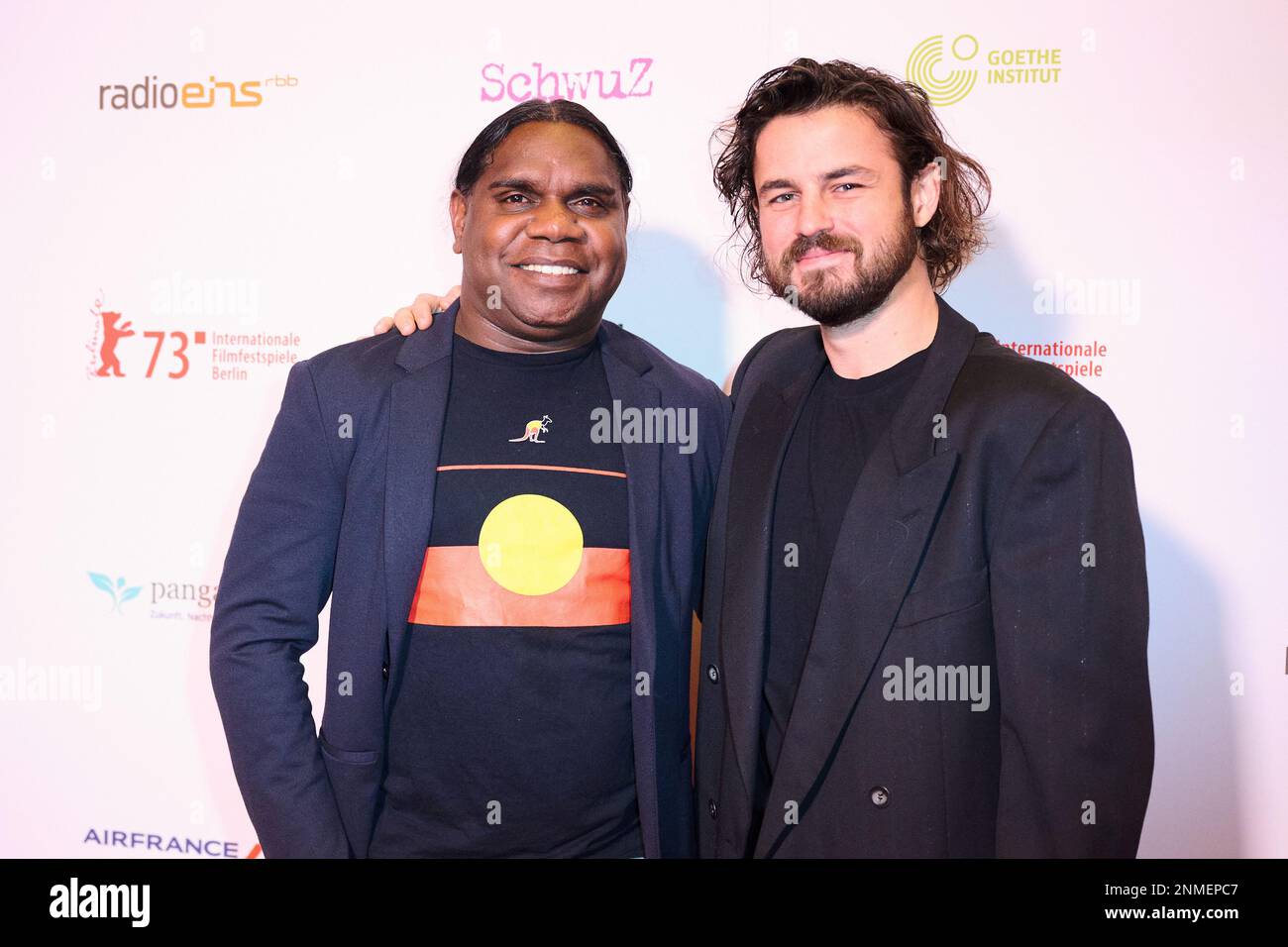 Berlin, Germany. 25th Feb, 2023. Derik Lynch (l) and film writer ...