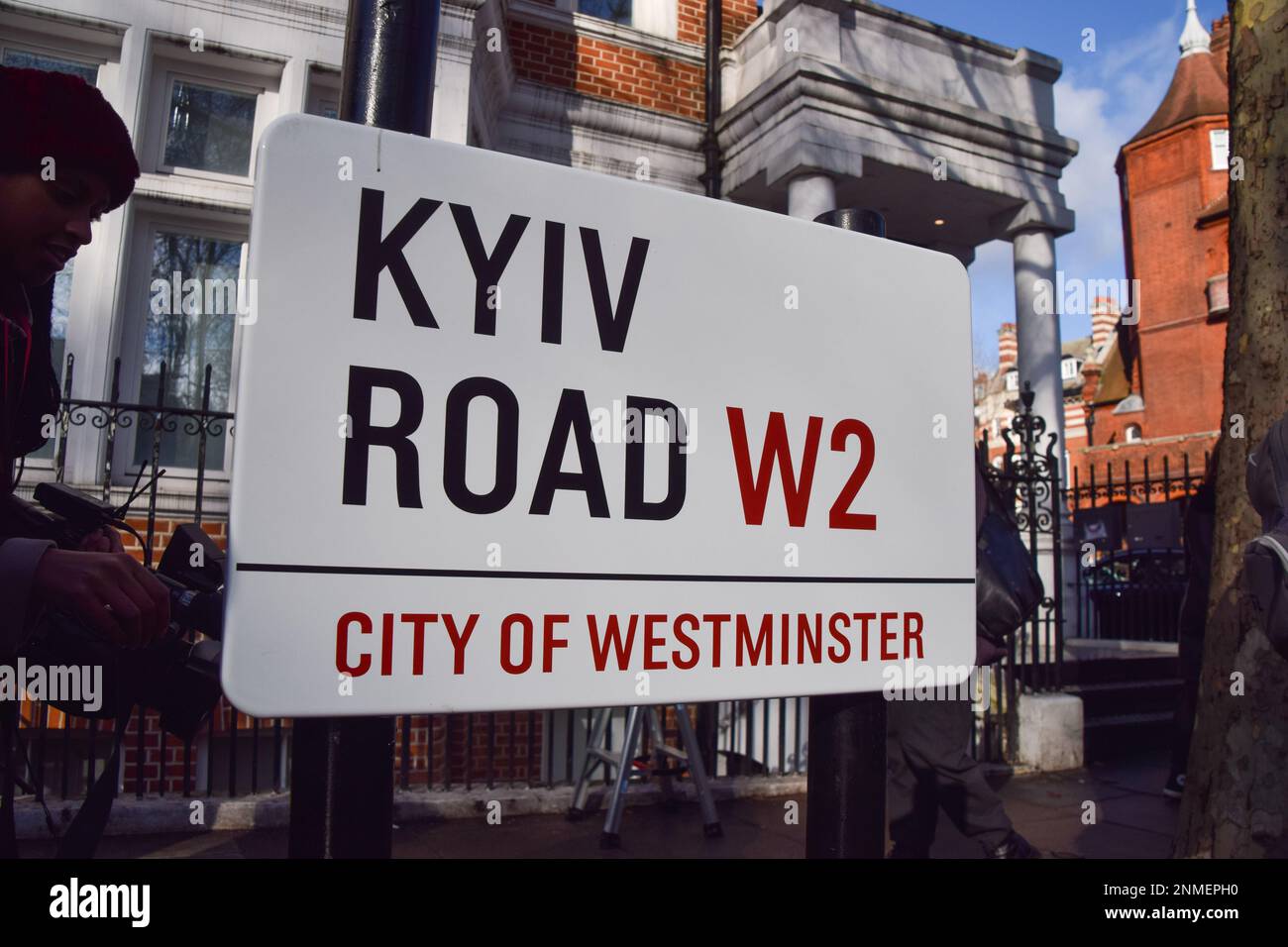 London, UK. 24th February 2023. Kyiv Road sign opposite the Russian ...