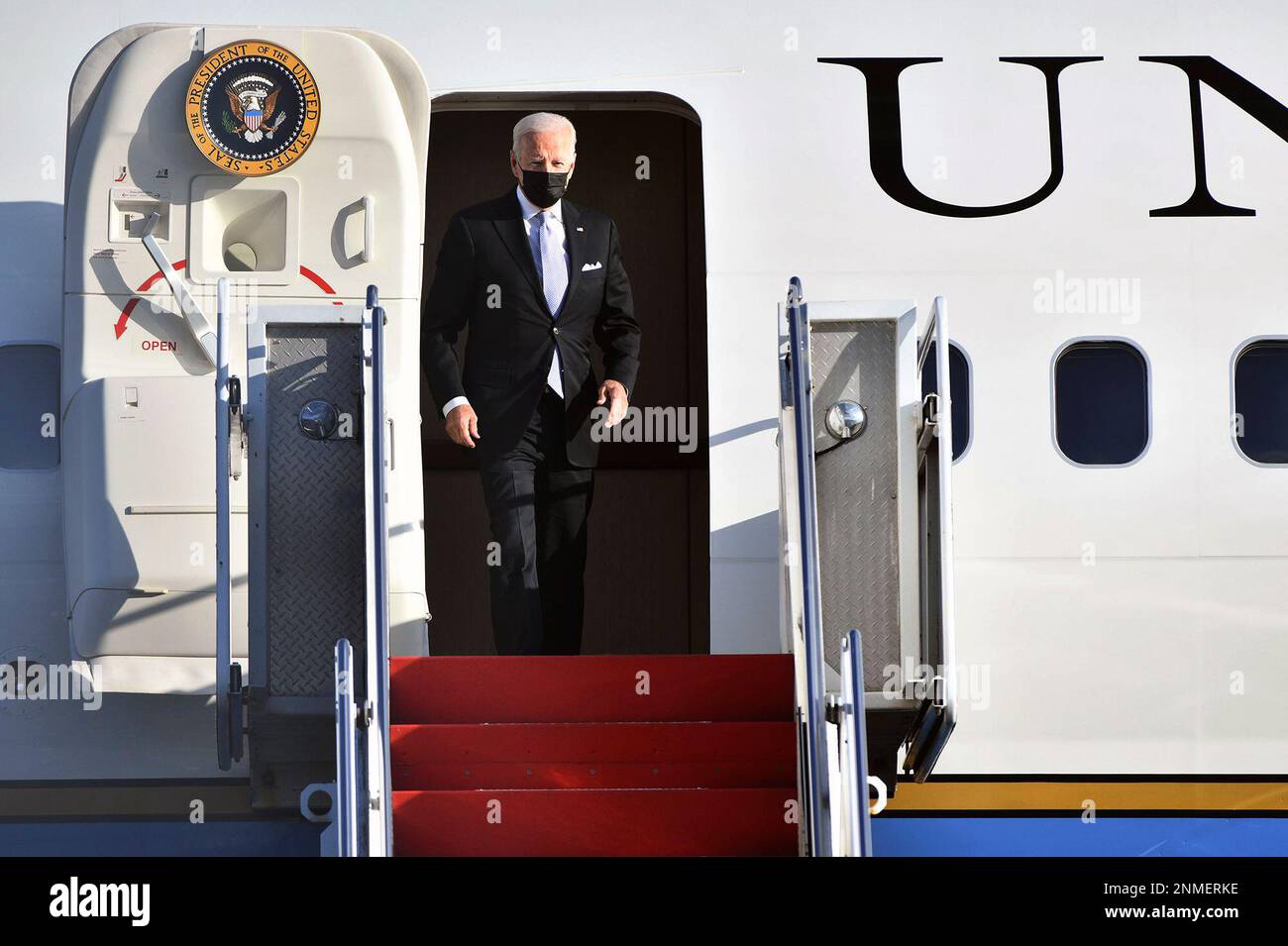 President Joe Biden disembarks Air Force One upon his arrival to Wilkes ...