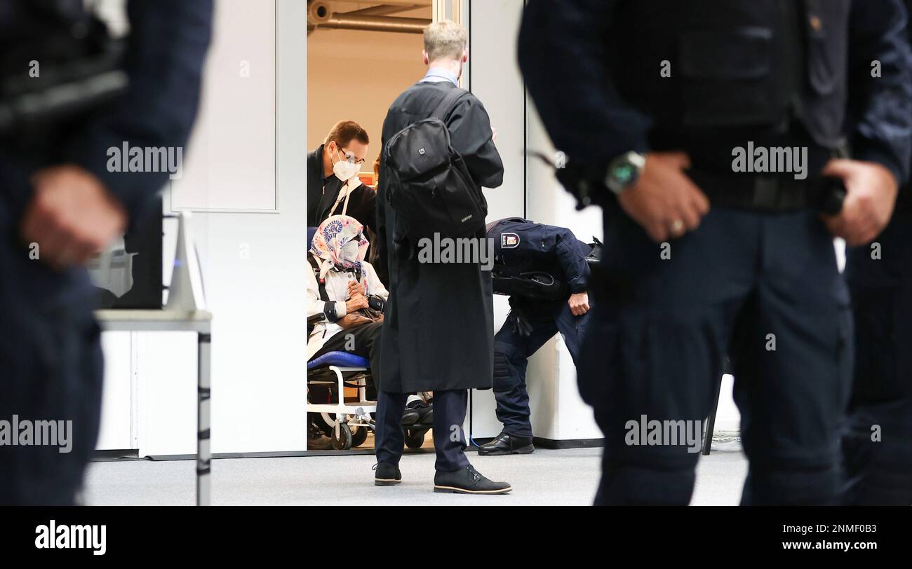 The 96-year-old defendant Irmgard F. sits in an ambulance chair as she ...