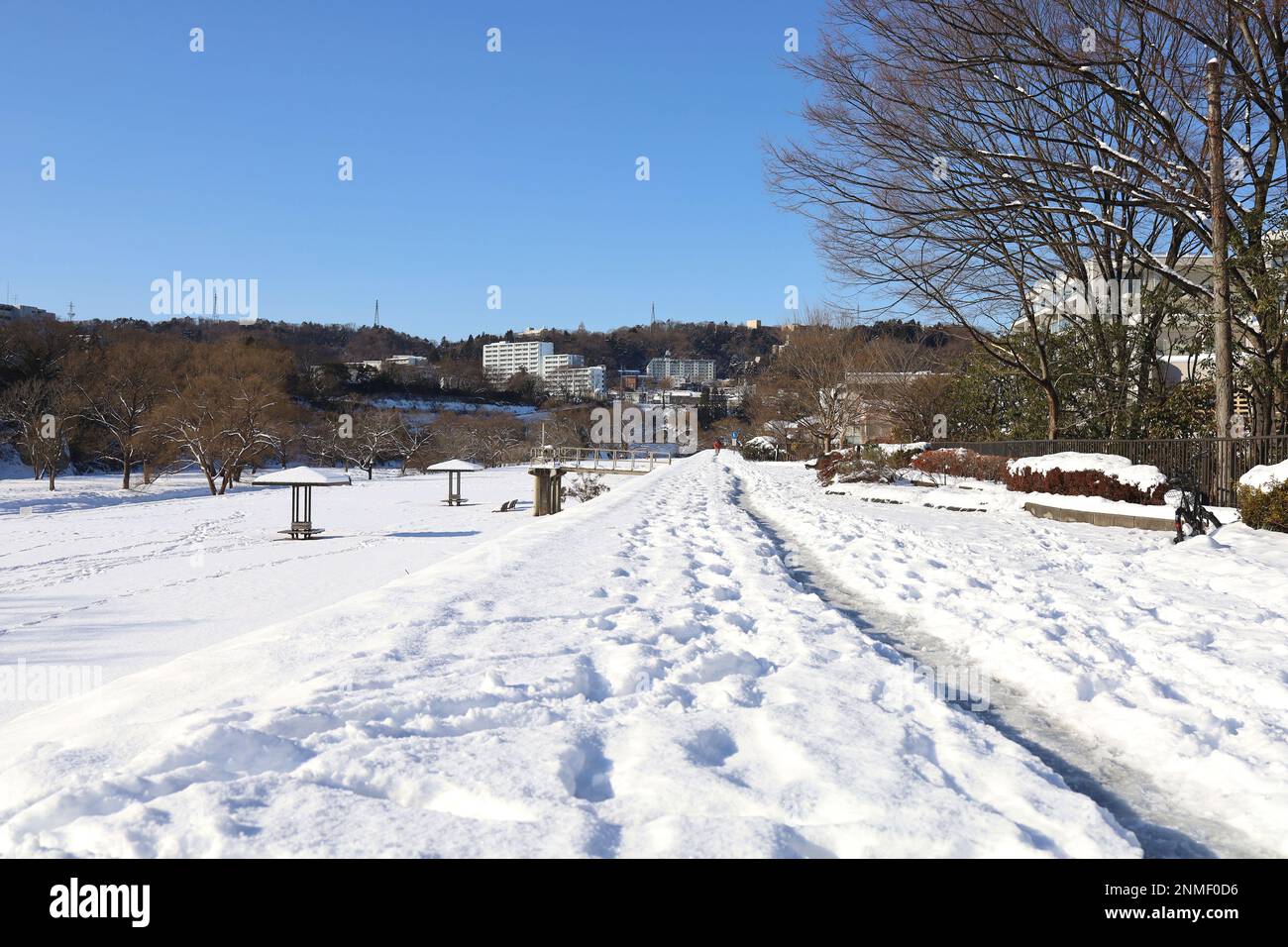 Sendai, Miyagi, Japan, February 2023.Snow scene around the Hirose River ...