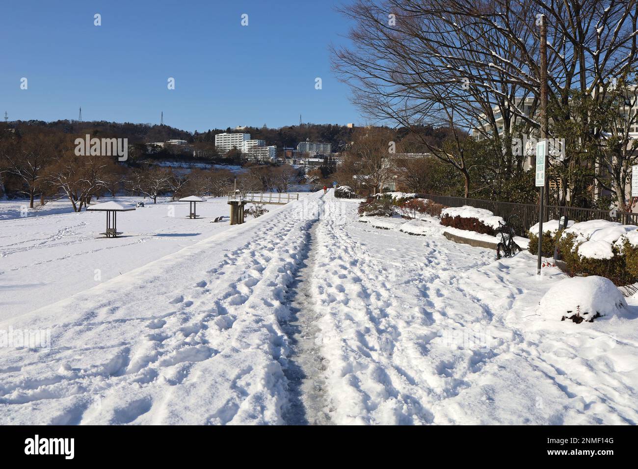 Sendai, Miyagi, Japan, February 2023.Snow scene around the Hirose River ...