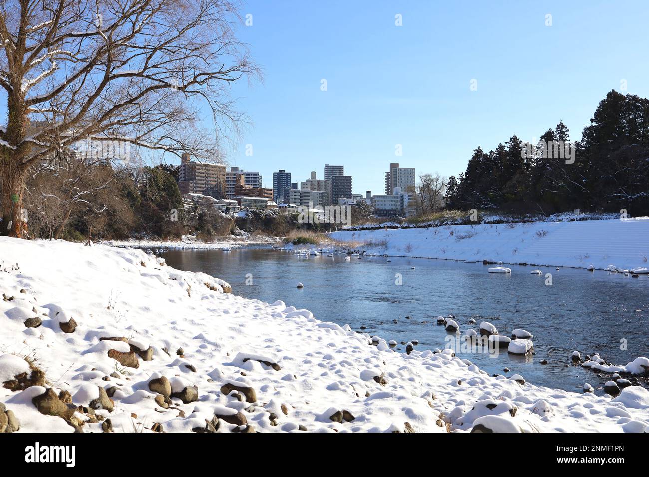 Sendai, Miyagi, Japan, February 2023.Snow scene around the Hirose River ...