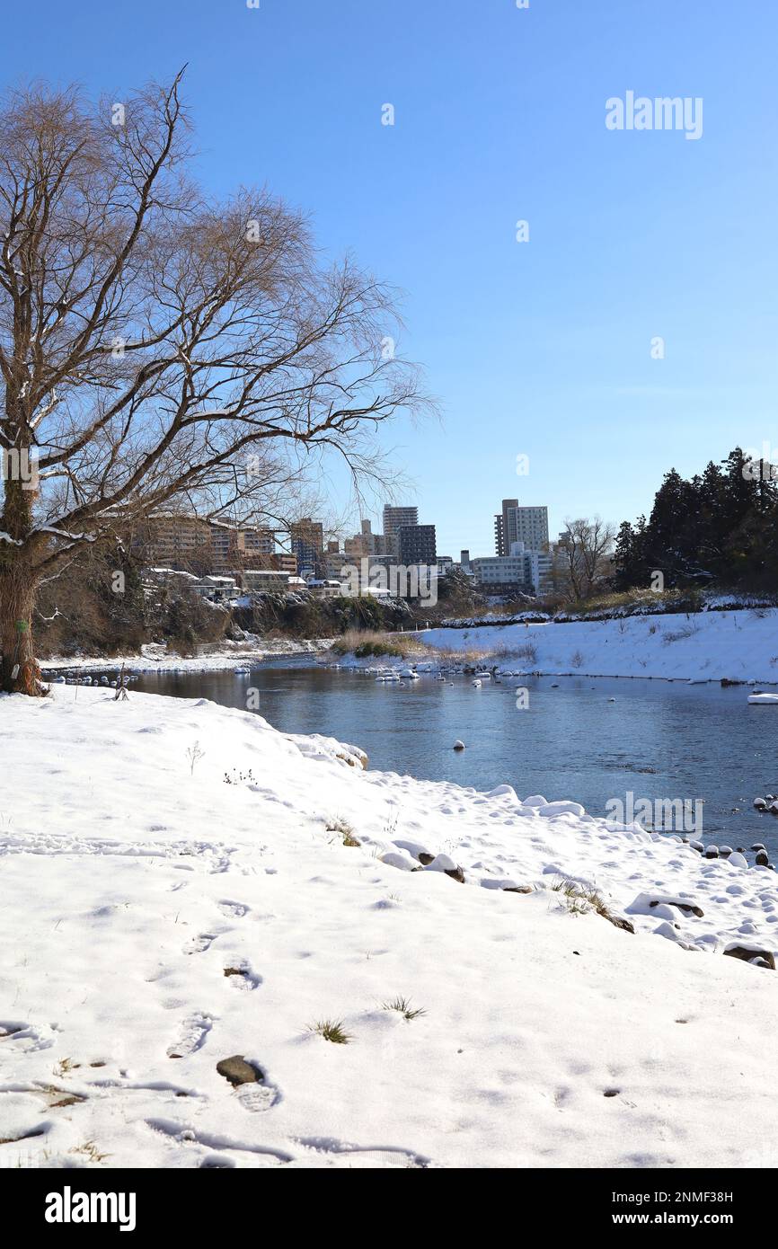 Sendai, Miyagi, Japan, February 2023.Snow scene around the Hirose River ...