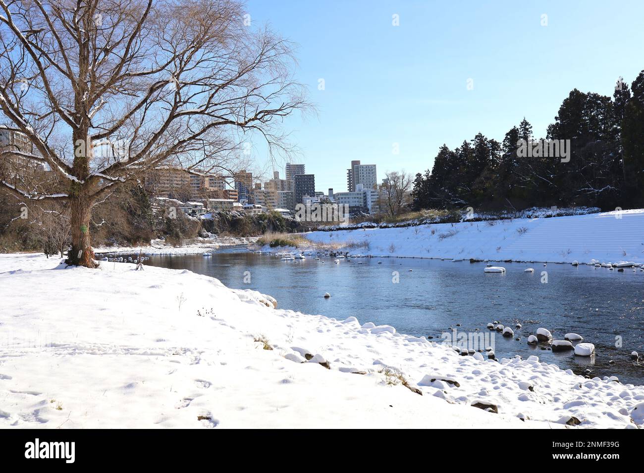 Sendai, Miyagi, Japan, February 2023.Snow scene around the Hirose River ...