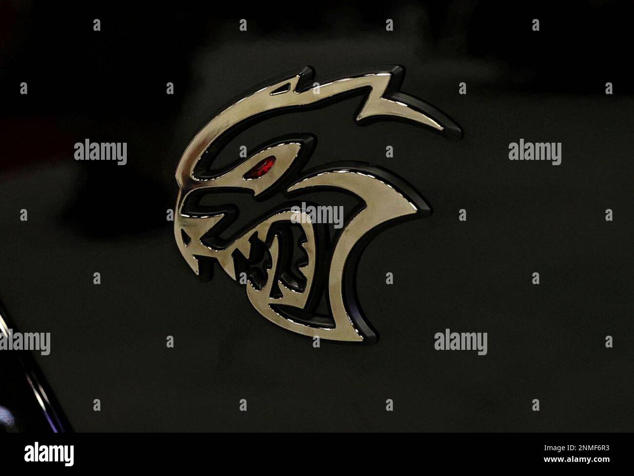 The 2022 Dodge Challenger SRT Hellcat logo is seen at the Miami ...