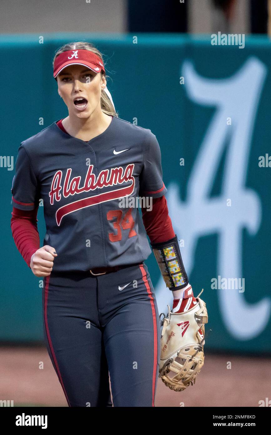 Alabama infielder Ally Shipman (34) pumps her fist after a strikeout ...