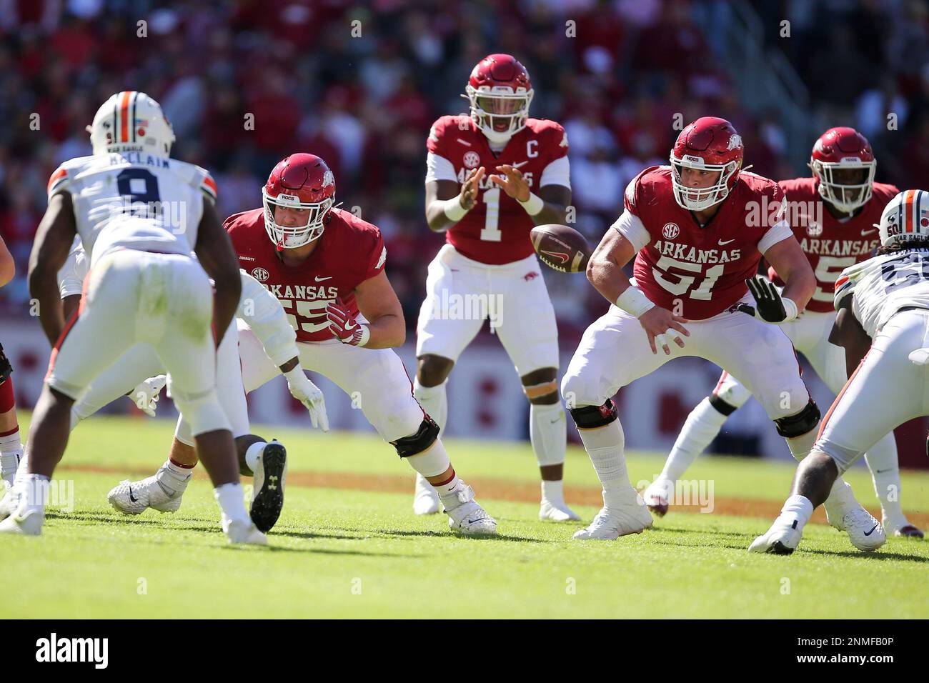 October 16, 2021: Arkansas offensive linemen Beaux Limmer #55 and Ricky ...