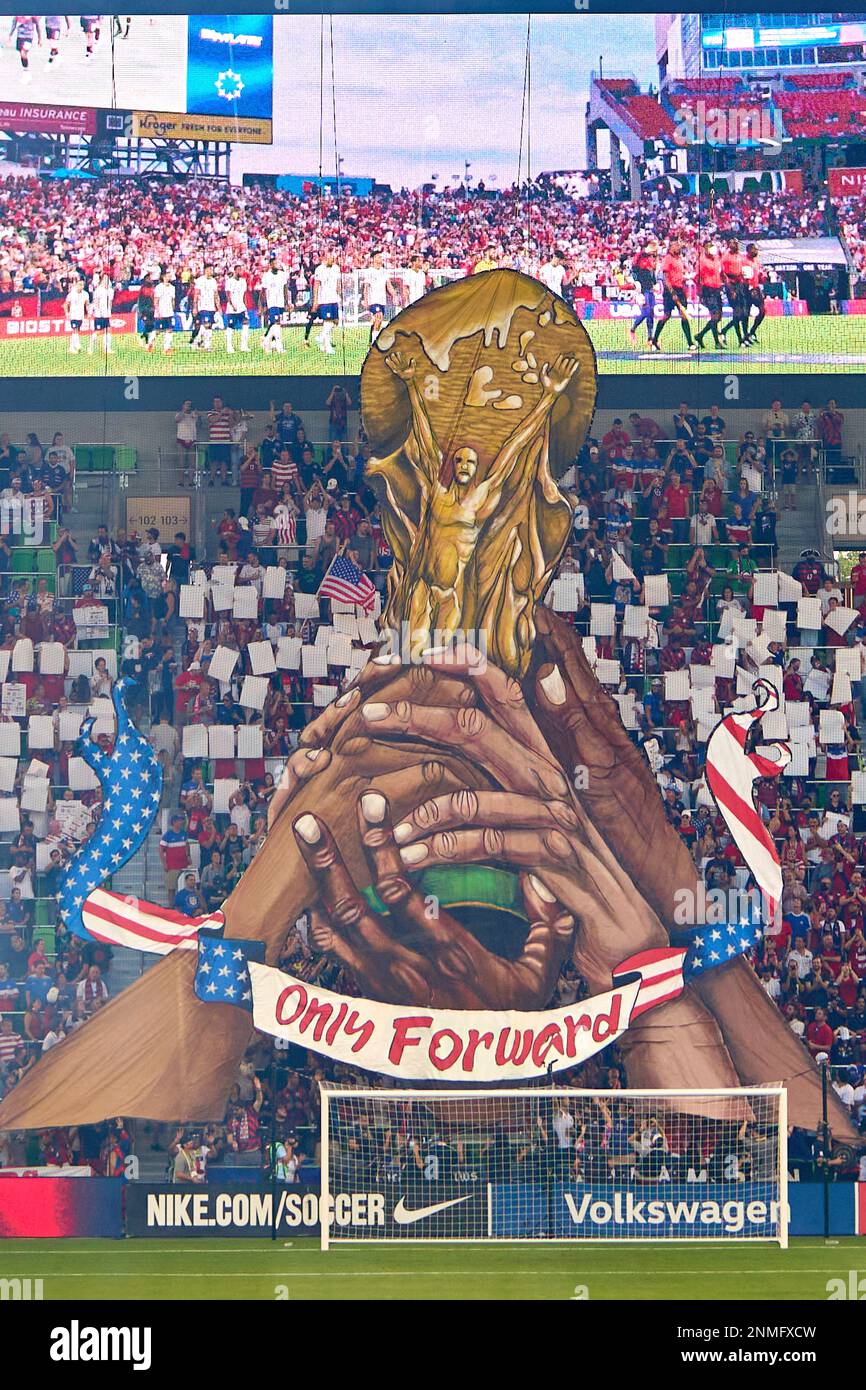 AUSTIN, TX - OCTOBER 07: A detail view of a tifo is seen being ...