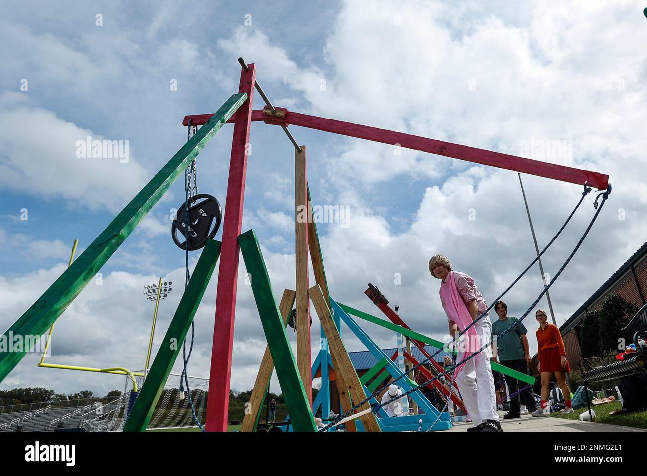 David Browne fires of his group's trebuchet "Bullet Bill" dressed as ...