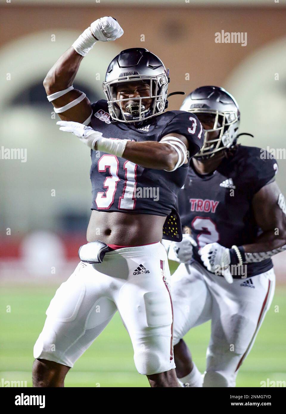 October 9, 2021: Troy Trojans safety Dell Pettus (31) flexes some ...