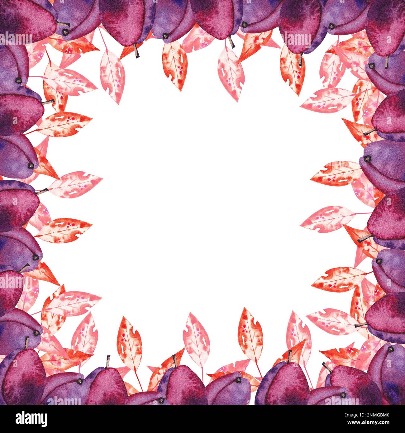 Golden watercolor frame with plums and leaves. Hand-drawn elements on a ...