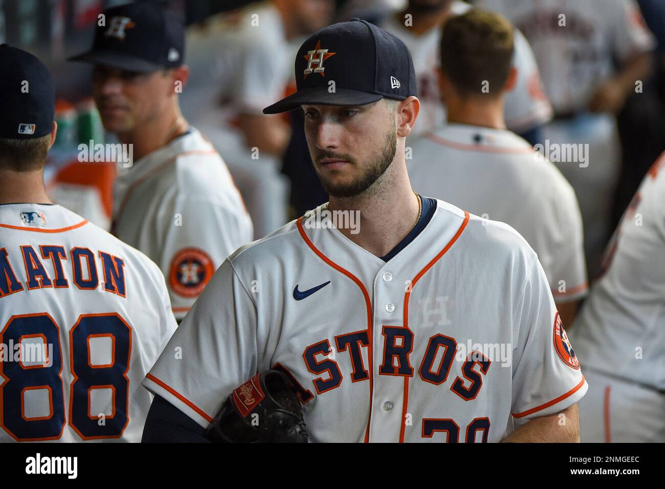 HOUSTON, TX - OCTOBER 07: Houston Astros left fielder Kyle Tucker (30) makes his way through the ...