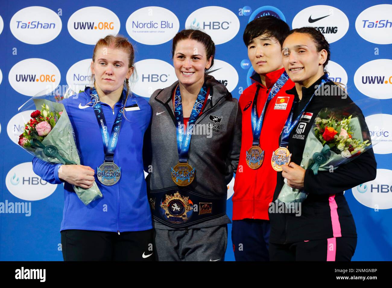 Winner Adeline Maria Gray of the US, second left, second placed Estonia ...