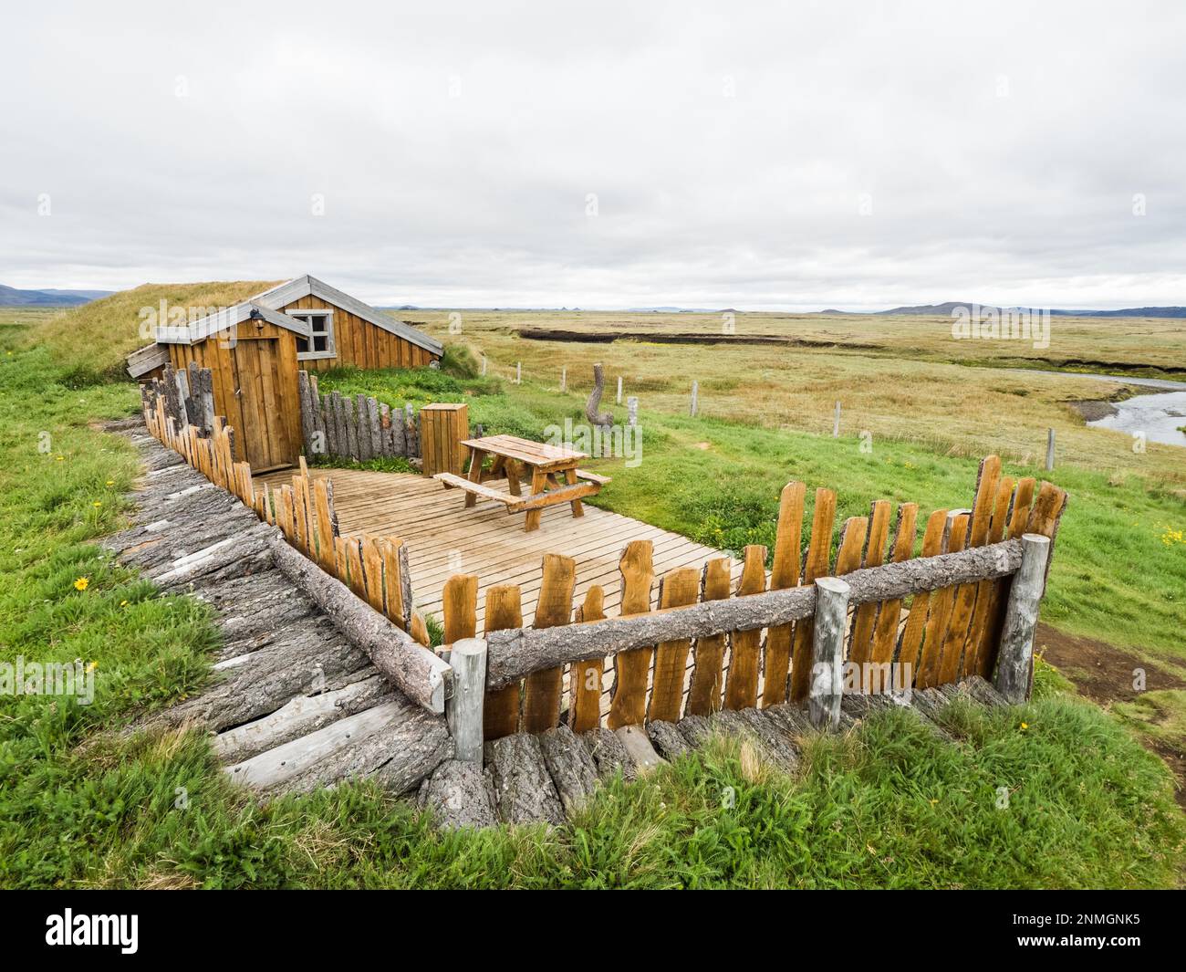 Traditional wooden peat house with grass on the roof, Moeorudalur ...