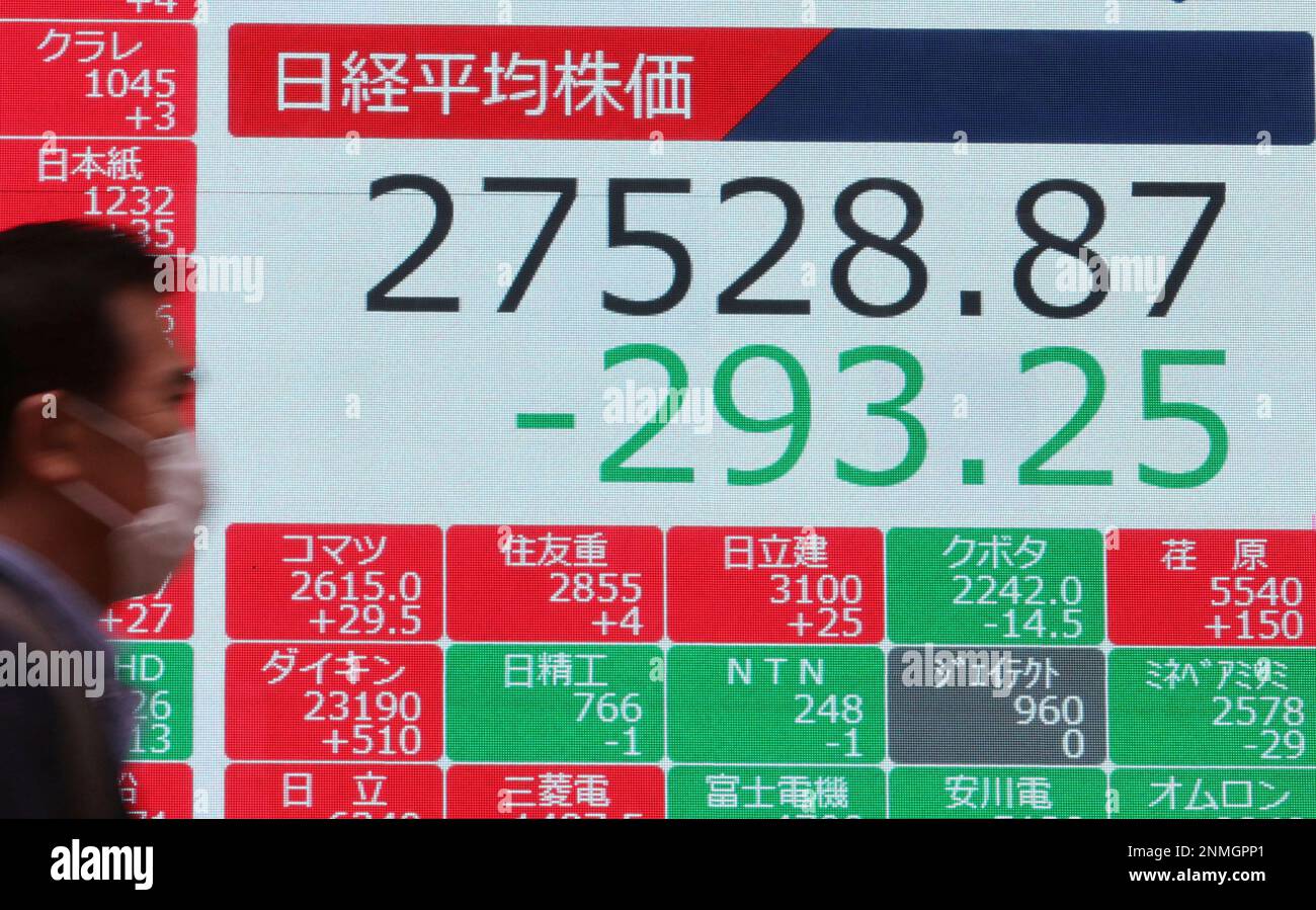An electric board shows the closing price of Nikkei stock average in ...