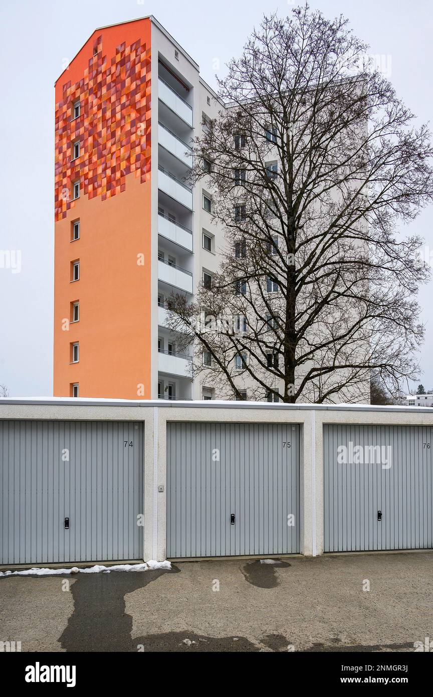 High-rise building with painted facade and garages, Kempten, Allgaeu ...
