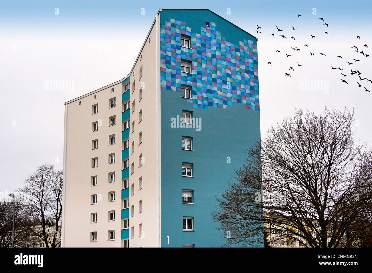 High-rise building with painted facade, Kempten, Allgaeu, Bavaria ...