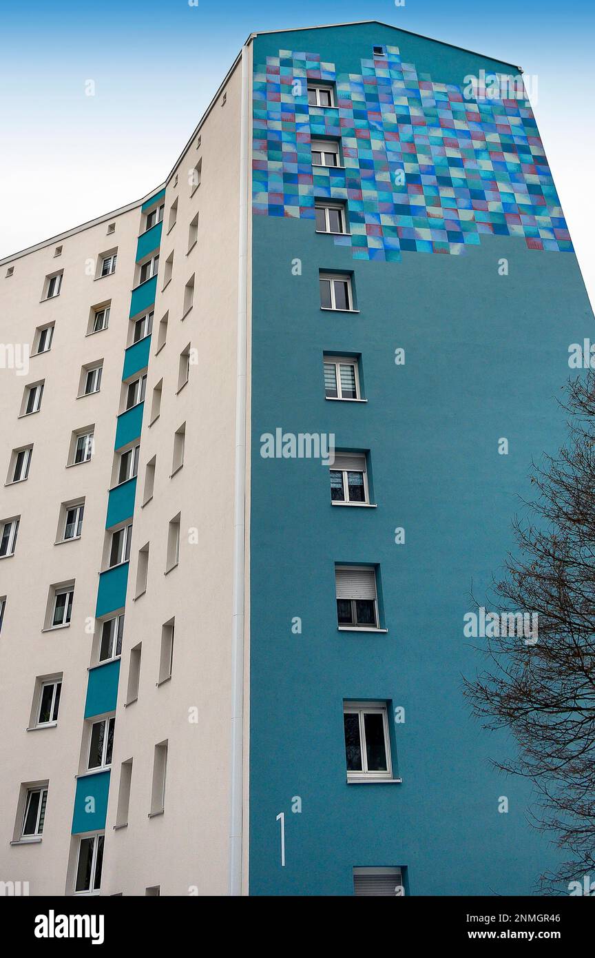 High-rise building with painted facade, Kempten, Allgaeu, Bavaria ...