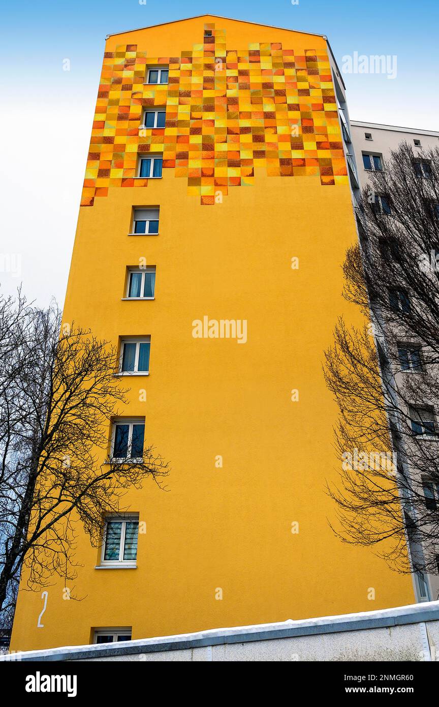 High-rise building with painted facade, Kempten, Allgaeu, Bavaria ...