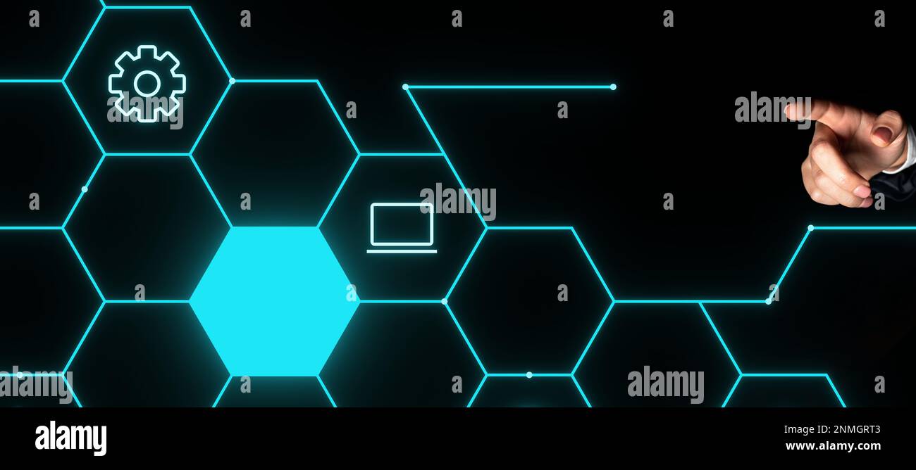 Lady In Suit Standing Pointing On virtual button. Showing Futuristic ...