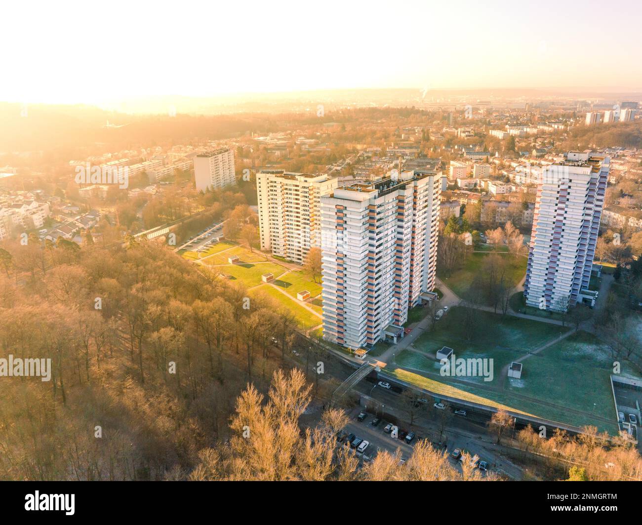 Skyline skyscrapers at sunrise, Sindelfingen Germany Stock Photo - Alamy