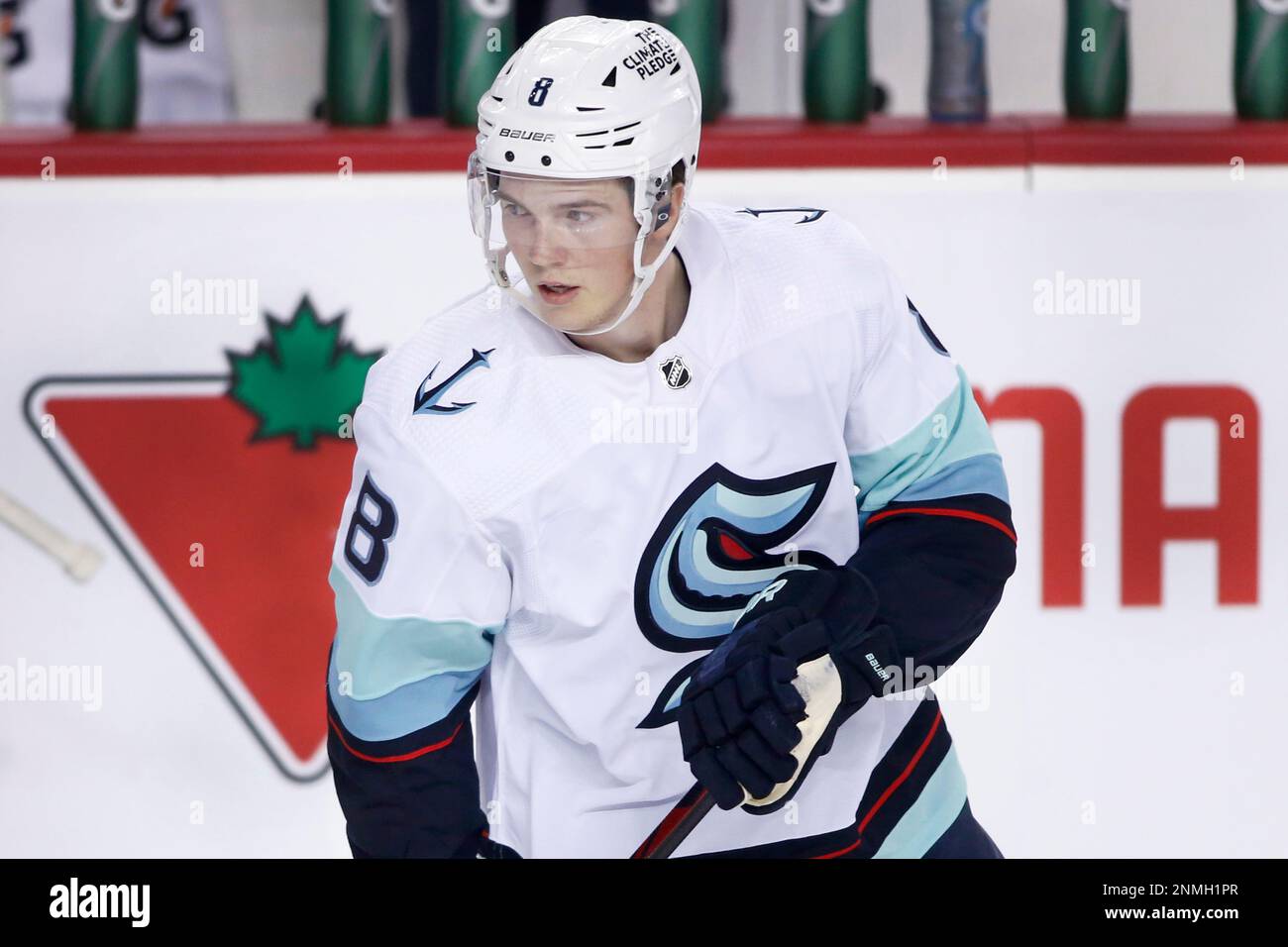 NHL profile photo on Seattle Kraken player Cale Fleury at a game against the Calgary Flames in ...
